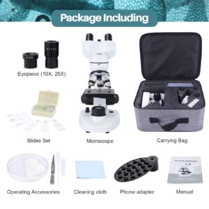 MAXLAPTER Compound Binocular Microscope, 40X-1000X Binocular Microscope with Microscope Slides, Phone Adapter, Storage Bag, Microscope for Adults Kids Students Homeschool Education/Hobbyist Use