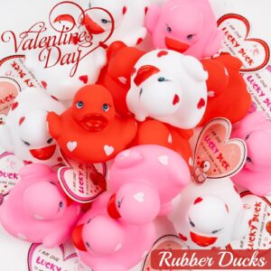 kockuu 20pcs Rubber Ducks with Cards Gift Valentines Day Party Favors Small 2.36” Assorted Pink Red White Squeaky Duckies in Bulk with Love Heart Cards Treats Giveaways for Kids Cupcake Topper