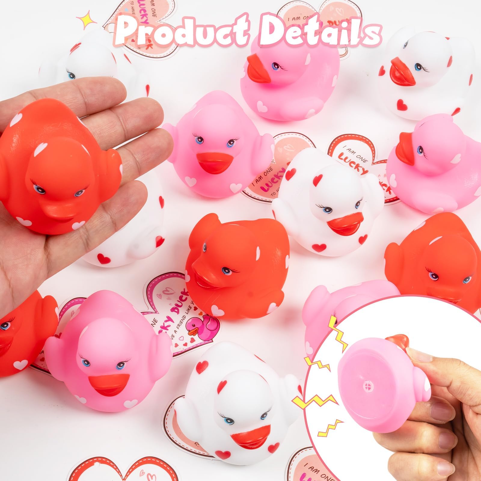 kockuu 20pcs Rubber Ducks with Cards Gift Valentines Day Party Favors Small 2.36” Assorted Pink Red White Squeaky Duckies in Bulk with Love Heart Cards Treats Giveaways for Kids Cupcake Topper