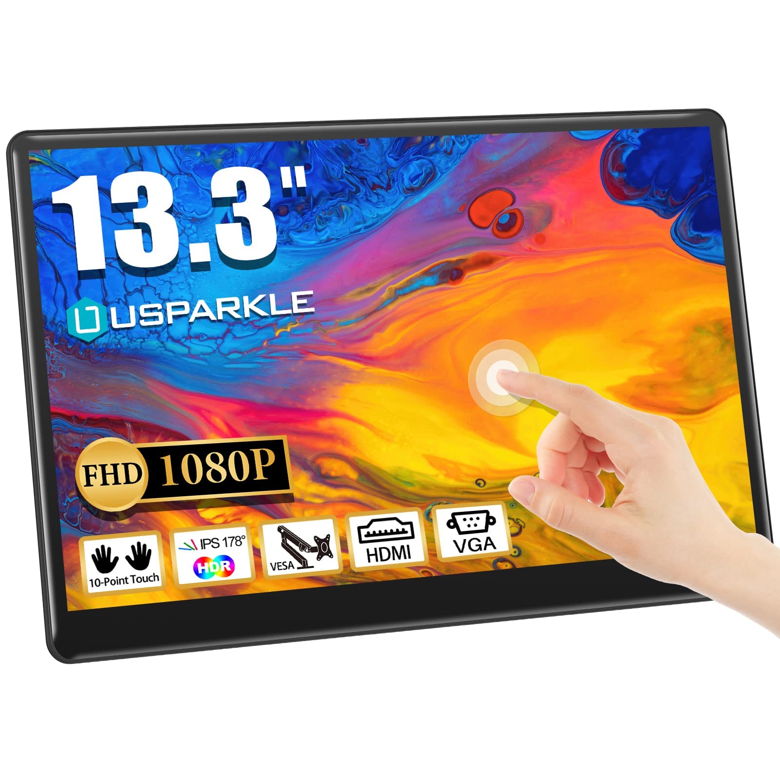 Usparkle Touchscreen Monitor 13.3 inch FHD1920×1080P IPS HDR 60Hz Touch Screen Monitor, HDMI VGA DVI Touch Monitor with 10-Point Multi-Touch, VESA Monitor with Speakers,Touchscreen for Laptop