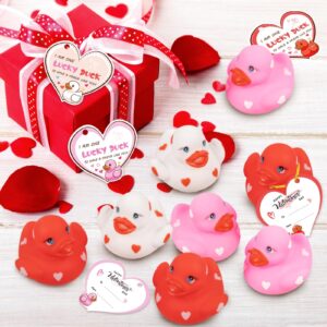 kockuu 20pcs Rubber Ducks with Cards Gift Valentines Day Party Favors Small 2.36” Assorted Pink Red White Squeaky Duckies in Bulk with Love Heart Cards Treats Giveaways for Kids Cupcake Topper