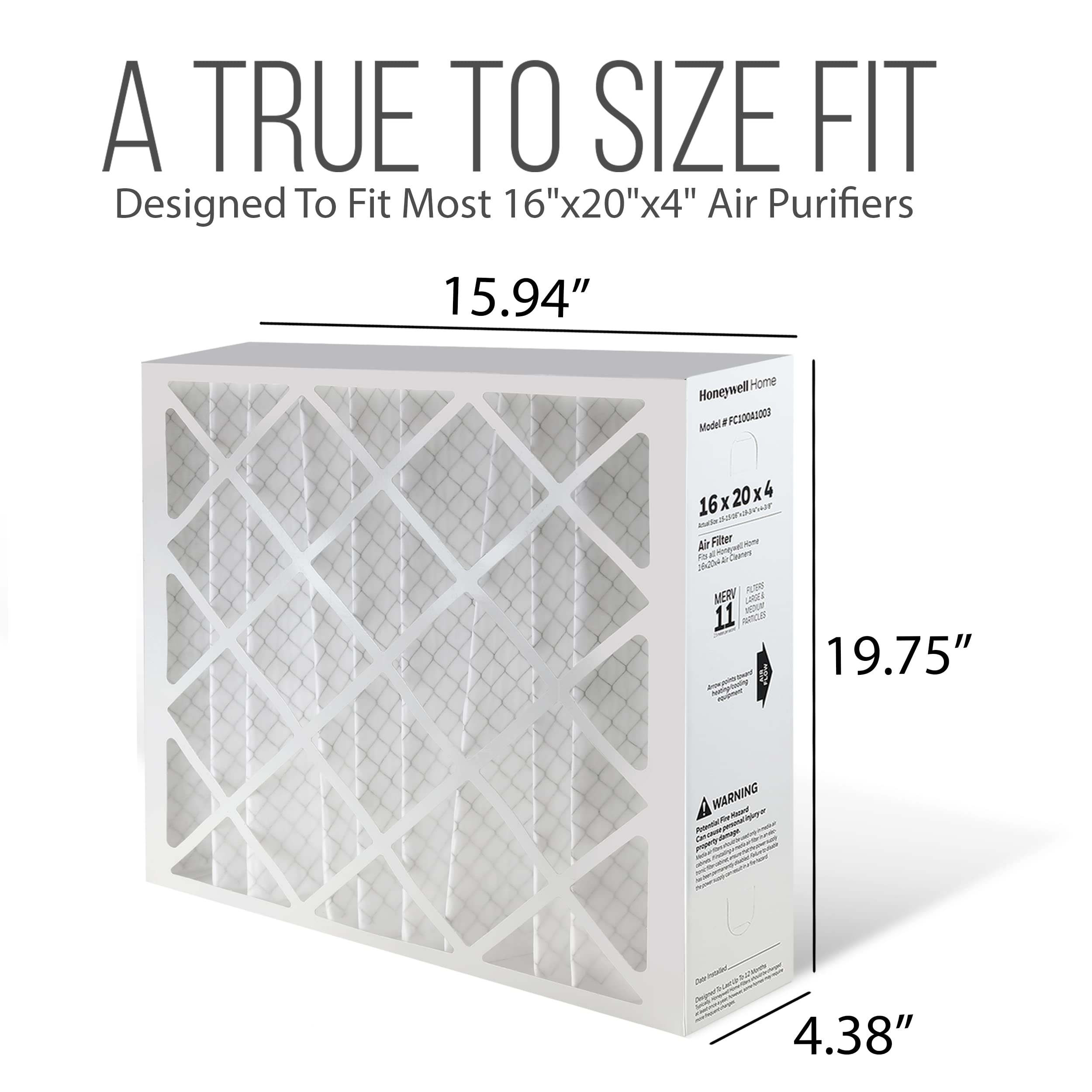 Honeywell 16x20x4 AC Furnace Air Filter Replacement - FC100A1003 HVAC Furnace Filters Merv 11 Filter Media, AC Filter with Homequip Disposal Bag, 2-Pack (Actual Size: 15.94 x 19.75 x 4.38 Inches)