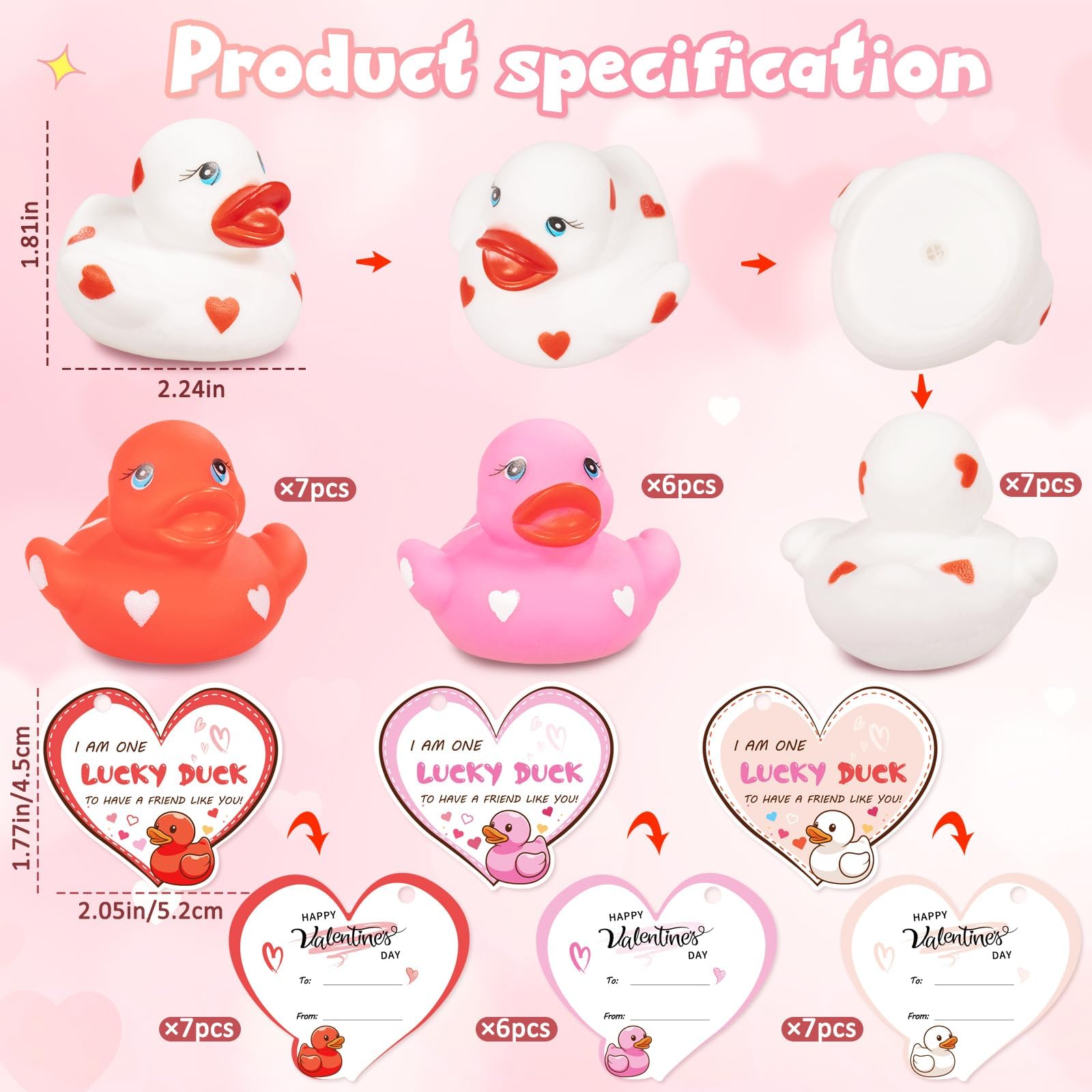 kockuu 20pcs Rubber Ducks with Cards Gift Valentines Day Party Favors Small 2.36” Assorted Pink Red White Squeaky Duckies in Bulk with Love Heart Cards Treats Giveaways for Kids Cupcake Topper