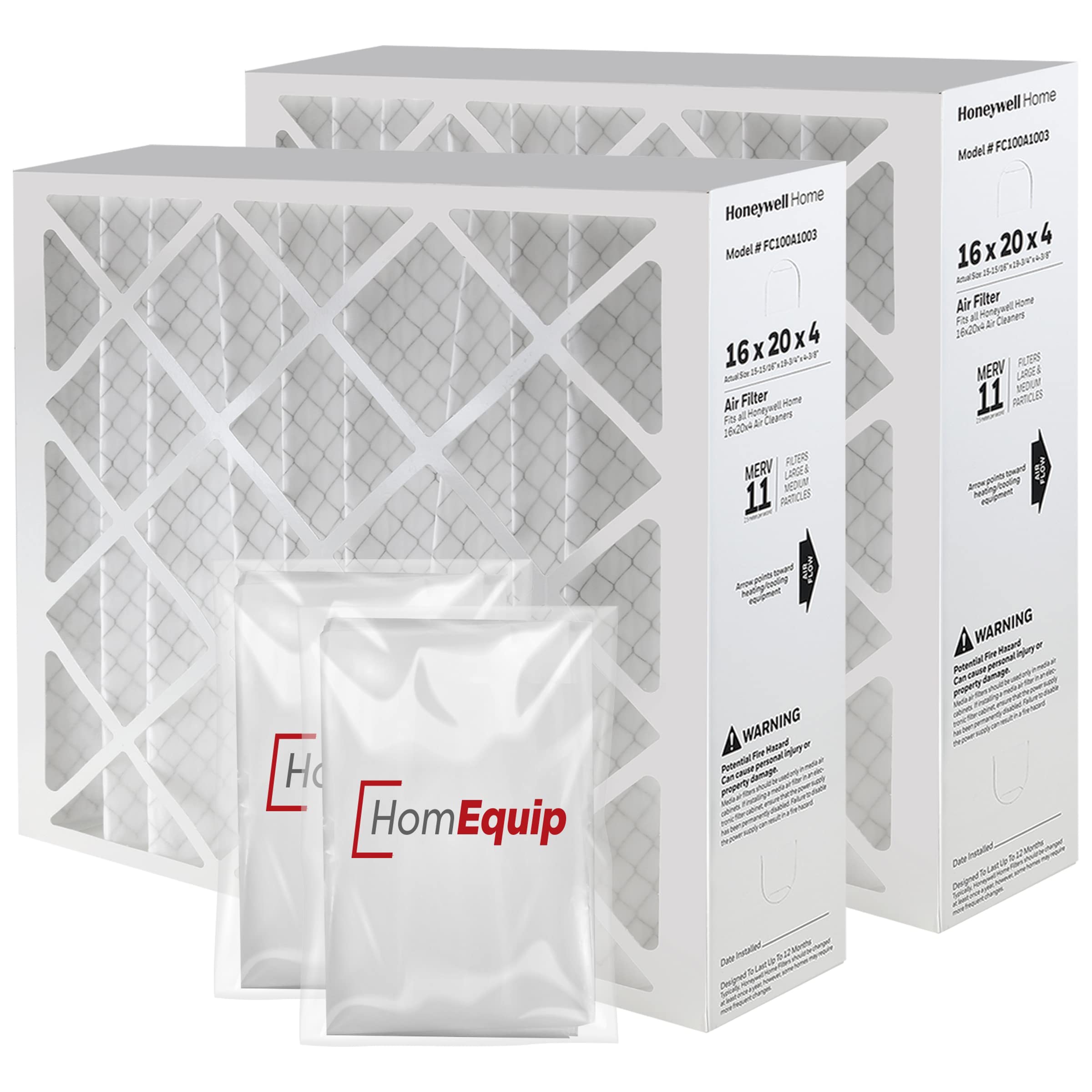 Honeywell 16x20x4 AC Furnace Air Filter Replacement - FC100A1003 HVAC Furnace Filters Merv 11 Filter Media, AC Filter with Homequip Disposal Bag, 2-Pack (Actual Size: 15.94 x 19.75 x 4.38 Inches)