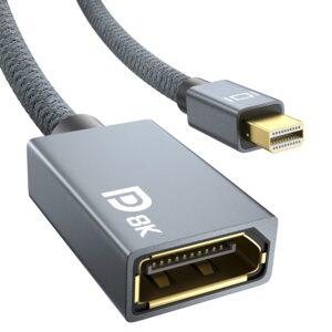 8k mini displayport to displayport adapter, mini dp male to dp 1.4 female converter, support 8k@60hz, 4k@144hz, 2k@240hz, hdr, freesync, g-sync for thunderbolt 2, pc, surface pro, monitor, graphics