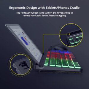 Backlit 2.4G Wireless Keyboard and Mouse Combo, Illuminated Full-Sized Rechargeable Keyboard & Silent Mouse Set with Rainbow Lighting & Integrated Cradle for Macbooks, PC Computer & Laptop