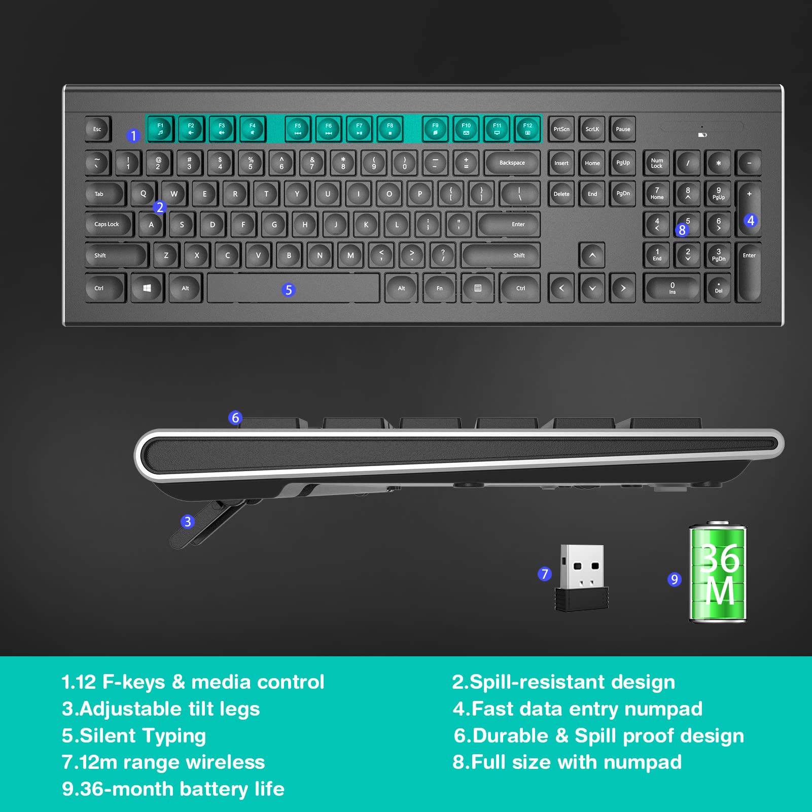 Wireless Keyboard and Mouse Combo, 2.4G Full-Sized Ergonomic Keyboard Mouse Wireless,3 DPI Adjustable Cordless USB Keyboard and Mouse,Full Numpad,Quiet Click for Computer/Laptop/Windows/Mac