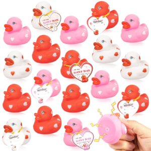 kockuu 20pcs rubber ducks with cards gift valentines day party favors small 2.36” assorted pink red white squeaky duckies in bulk with love heart cards treats giveaways for kids cupcake topper