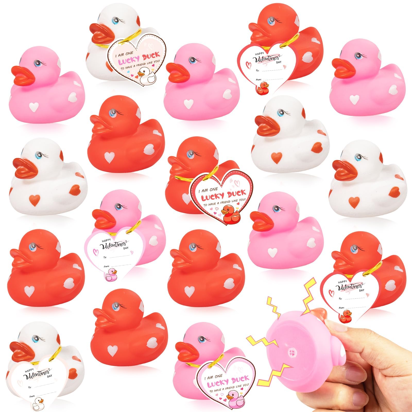 kockuu 20pcs Rubber Ducks with Cards Gift Valentines Day Party Favors Small 2.36” Assorted Pink Red White Squeaky Duckies in Bulk with Love Heart Cards Treats Giveaways for Kids Cupcake Topper