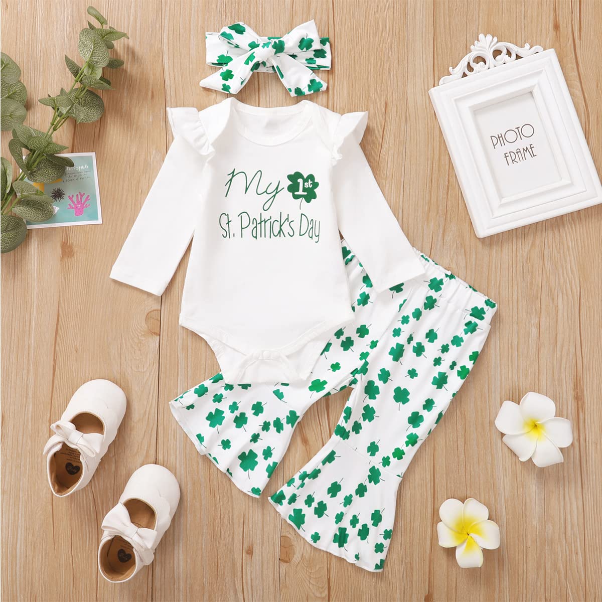 Detigee Baby Girl St. Patricks Day Outfit Nreborn Saint Patrick's Day Flare Pants Outfit (Green-Flare, 0-3 Months)