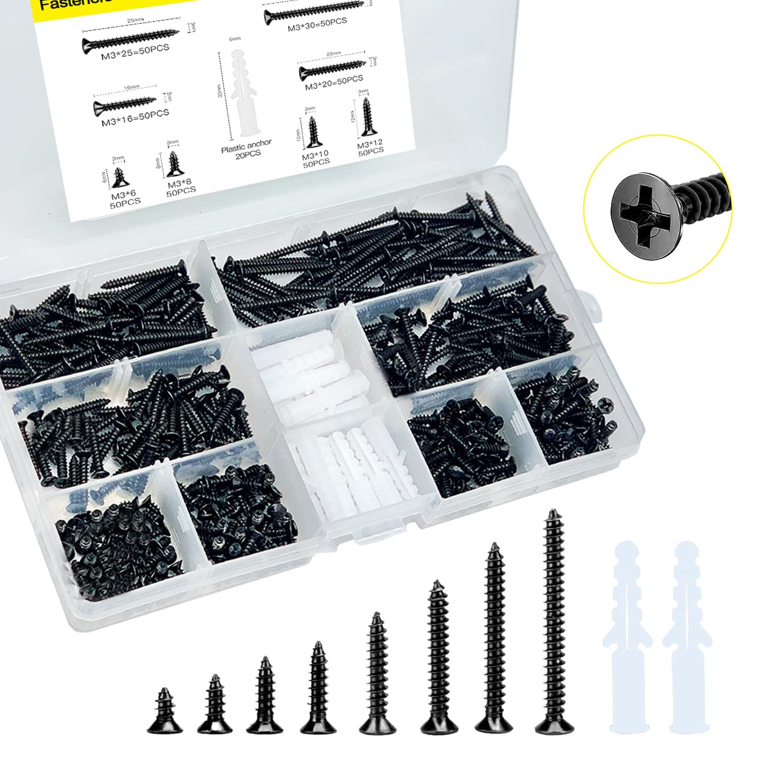 LERNOU M3 Assortment Kit, Philips Flat Wood Screws Set, Short Cabinet Screws,Small Screws Fasteners, 400pcs Screws and 20Pcs Screw Anchors