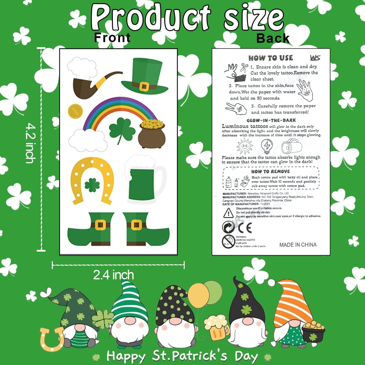 Leesgel St Patricks Day Tattoos Stickers, Luminous Shamrock Tattoos, St. Paddy’s Party Parade Favors Supplies Decorations (10 Sheets)