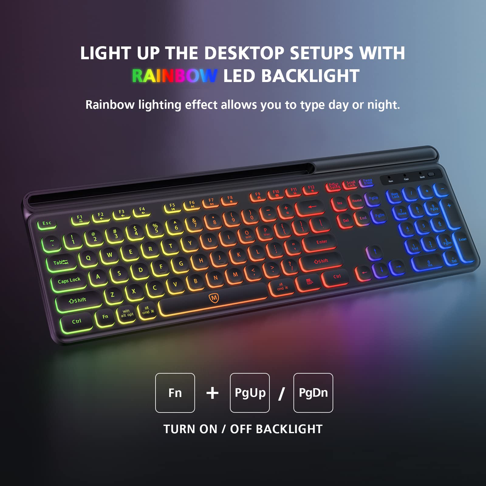 Backlit 2.4G Wireless Keyboard and Mouse Combo, Illuminated Full-Sized Rechargeable Keyboard & Silent Mouse Set with Rainbow Lighting & Integrated Cradle for Macbooks, PC Computer & Laptop