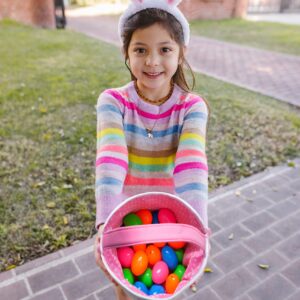 Easter Basket Easter Bucket Bunny Basket for Kids, Canvas Bunny Print Basket, Egg Hunt Basket Easter Bag Tote Bag Candy Toy Storage Bag (Pink+Blue)