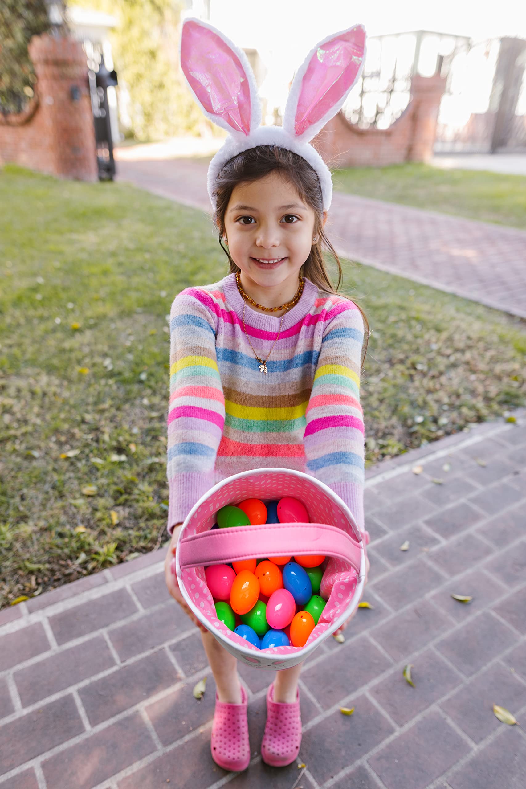 Easter Basket Easter Bucket Bunny Basket for Kids, Canvas Bunny Print Basket, Egg Hunt Basket Easter Bag Tote Bag Candy Toy Storage Bag (Pink+Blue)