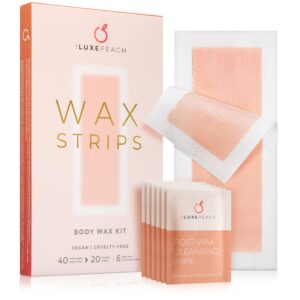 the luxe peach hair removal wax strips, 40 count - vegan wax strips for body & face with coconut & rosehip oils - bikini wax strips - long lasting results for men, women, and teens