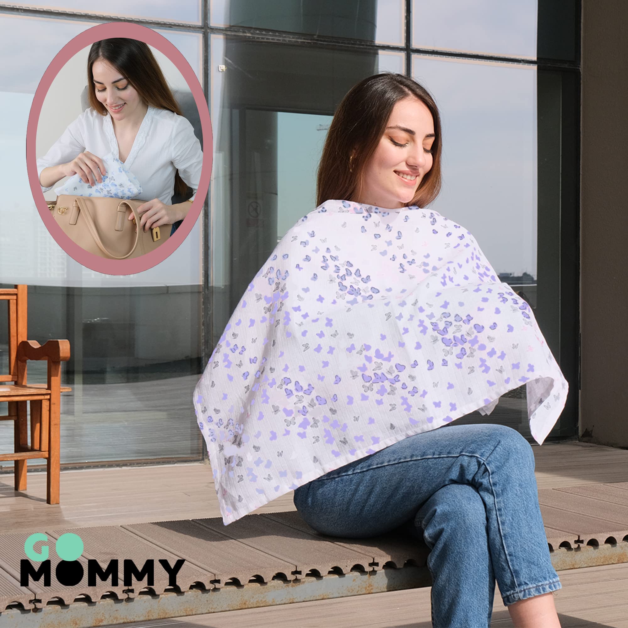 Go Mommy Muslin Nursing Cover for Baby Breastfeeding, Breathable 100% Cotton Breastfeeding Cover for Mother Nursing Apron, Multi-use Carseat Canopy