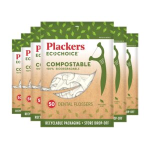 plackers ecochoice compostable dental flossers, sustainably sourced, bpa free, recyclable packaging, natural mint flavor, 50 count