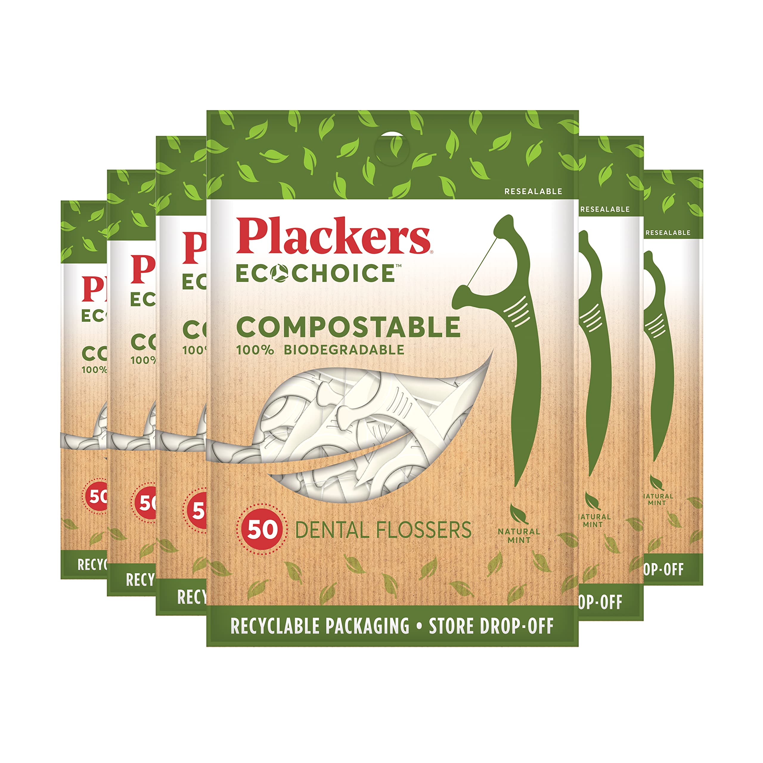 Plackers EcoChoice Compostable Dental Flossers, Sustainably Sourced, BPA Free, Recyclable Packaging, Natural Mint Flavor, 50 Count