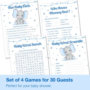 Papery Pop Baby Shower Games for Boy - Set of 4 Games for 30 Guests - Double Sided Cards - Baby Shower Supplies - Elephant