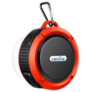 comiso bluetooth shower speaker, portable waterproof wireless speake with hd sound, long playtime, built-in micphone, suction cup and hook for home poolside camping hiking (orange)