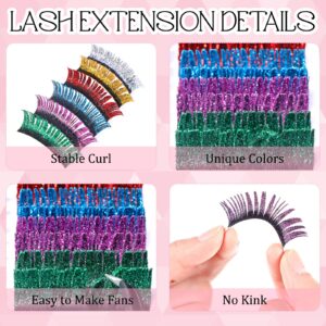 Leelosp Colored Glitter Lash Extensions Individual Lash Extensions Glitter Eyelashes Halloween Party Makeup Eyelashes(Multicolored, 0.15 D Mix 15 mm-20 mm)