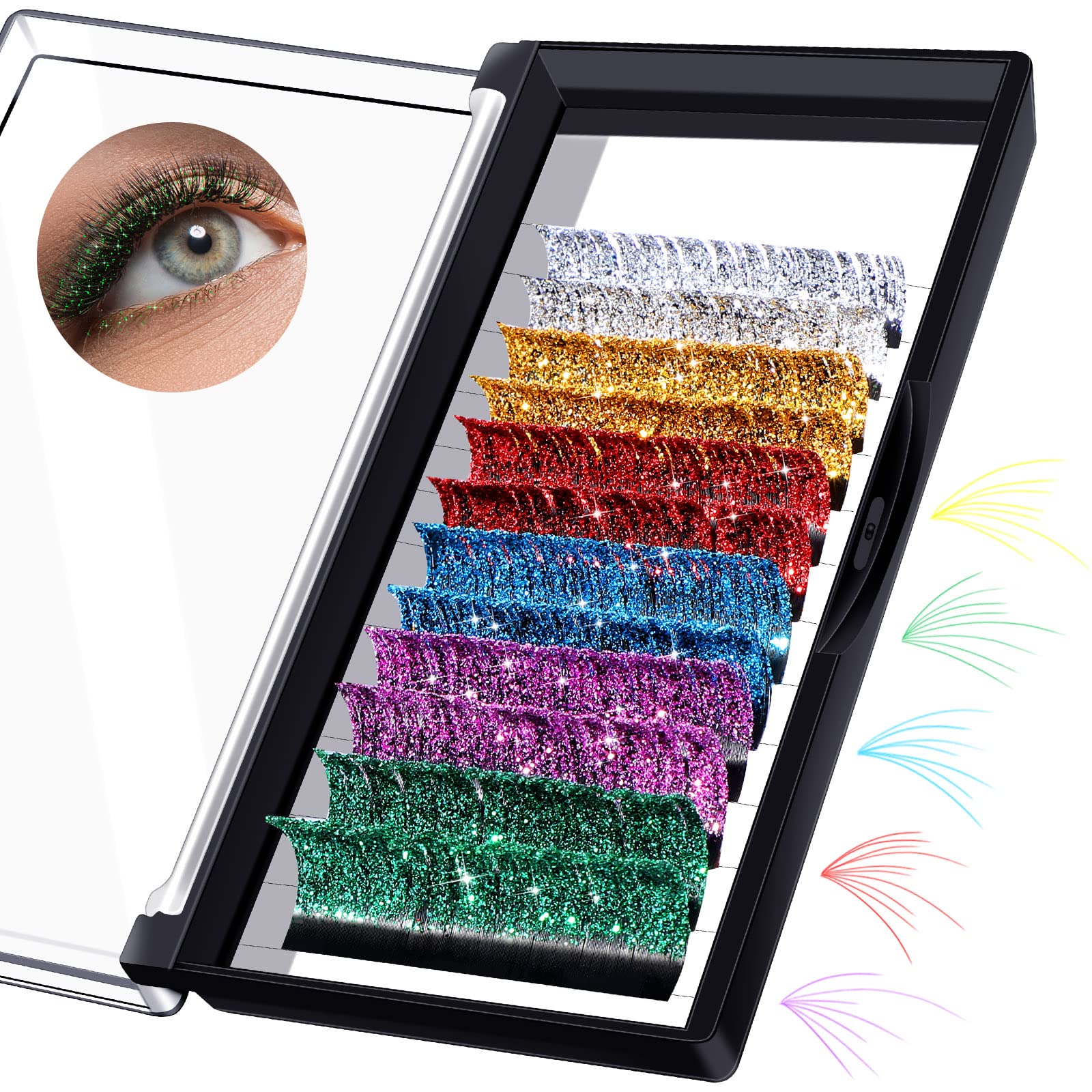 Leelosp Colored Glitter Lash Extensions Individual Lash Extensions Glitter Eyelashes Halloween Party Makeup Eyelashes(Multicolored, 0.15 D Mix 15 mm-20 mm)