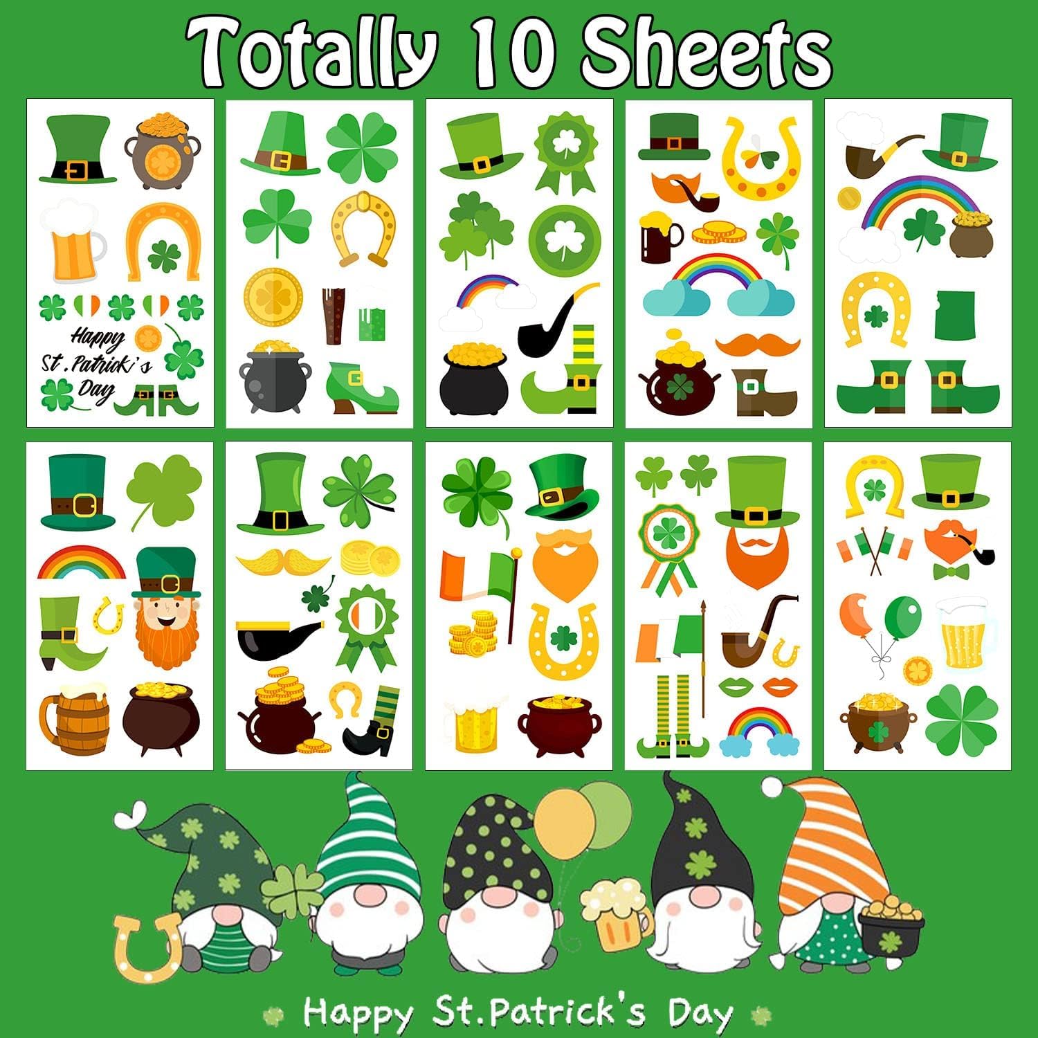 Leesgel St Patricks Day Tattoos Stickers, Luminous Shamrock Tattoos, St. Paddy’s Party Parade Favors Supplies Decorations (10 Sheets)