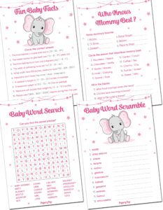 papery pop baby shower games for girl - set of 4 games for 30 guests - double sided cards - baby shower supplies - elephant