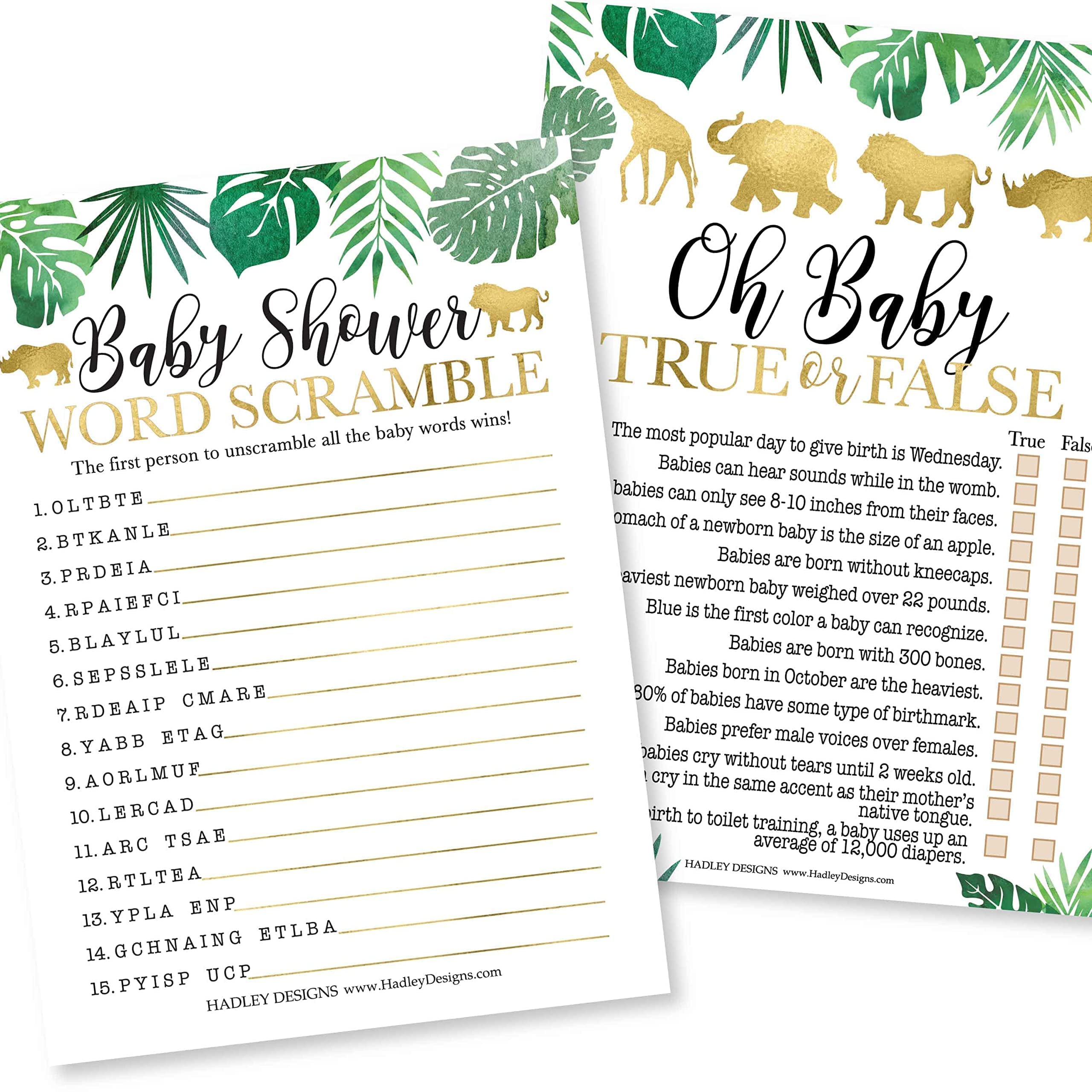 25 Safari Word Scramble For Baby Shower, 25 True Or False Game, 25 Baby Animal Matching, 25 Nursery Rhyme Game - 4 Double Sided Cards Baby Shower Ideas, Baby Shower Party Supplies