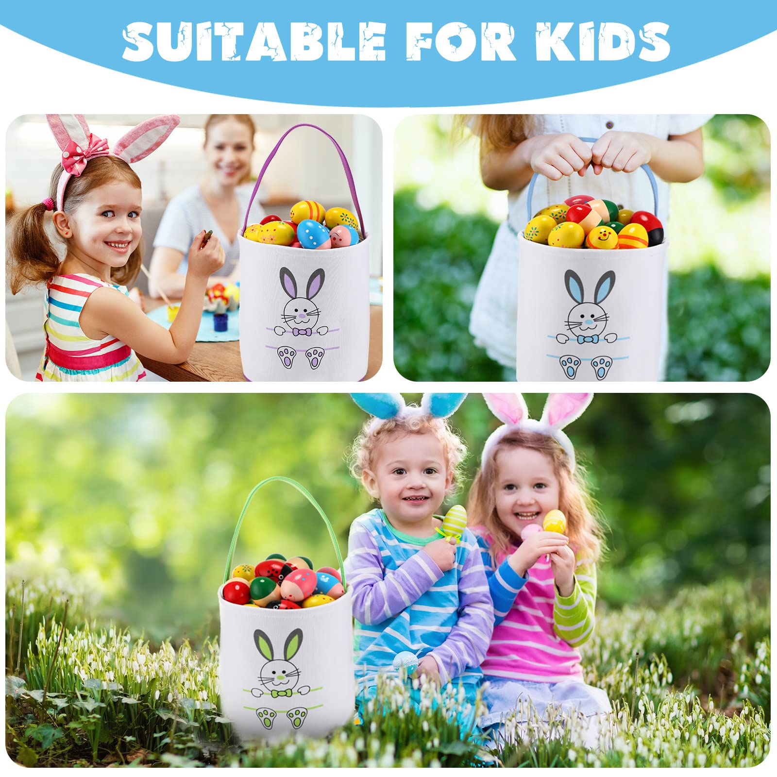 4 Pieces Easter Bunny Basket Egg Bags for Kids Cloth Tote Bags Canvas Cotton Empty Personalized Candy Egg Basket Bunny Print Buckets Carrying Presents and Eggs Hunt Bag Toys Bucket Boys Girls