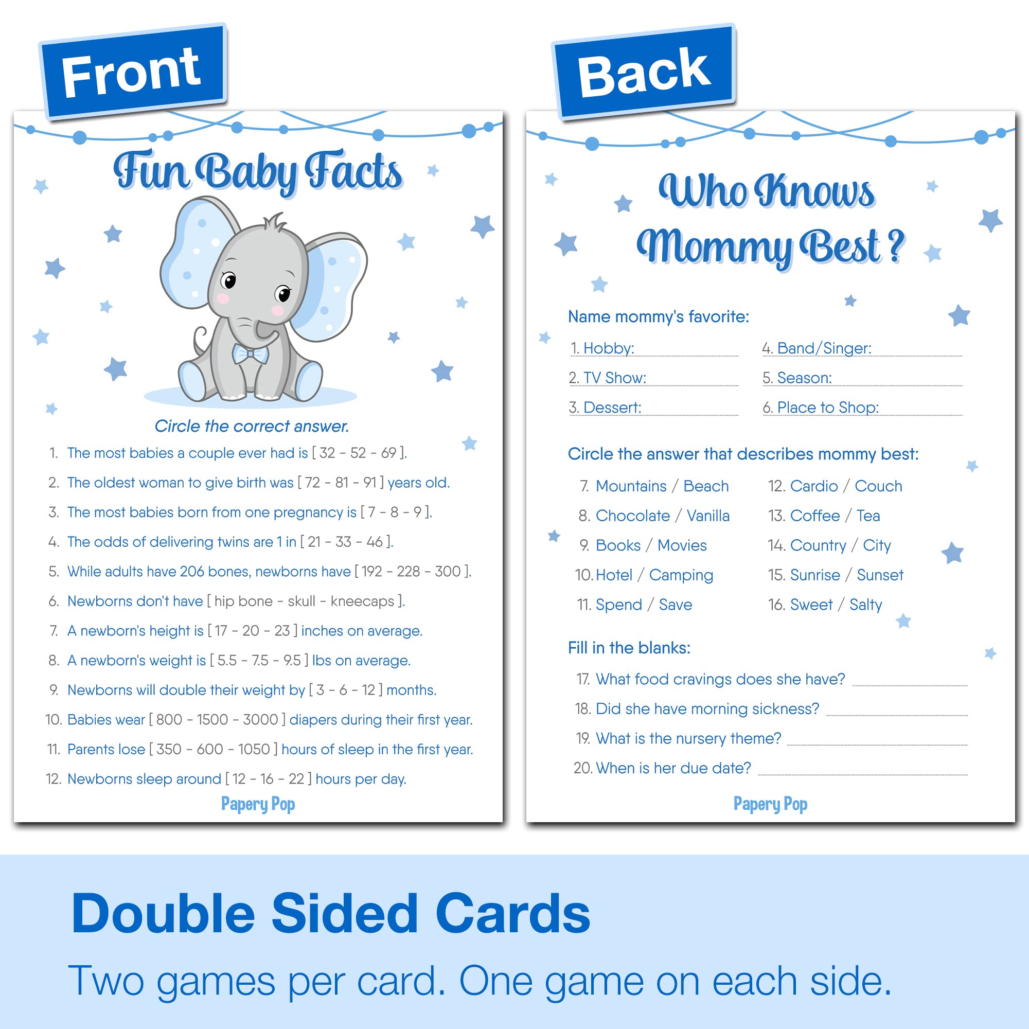 Papery Pop Baby Shower Games for Boy - Set of 4 Games for 30 Guests - Double Sided Cards - Baby Shower Supplies - Elephant