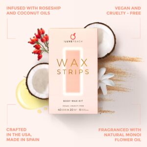 The Luxe Peach Hair Removal Wax Strips, 40 count - Vegan Wax Strips for Body & Face with Coconut & Rosehip Oils - Bikini Wax Strips - Long Lasting Results for Men, Women, and Teens