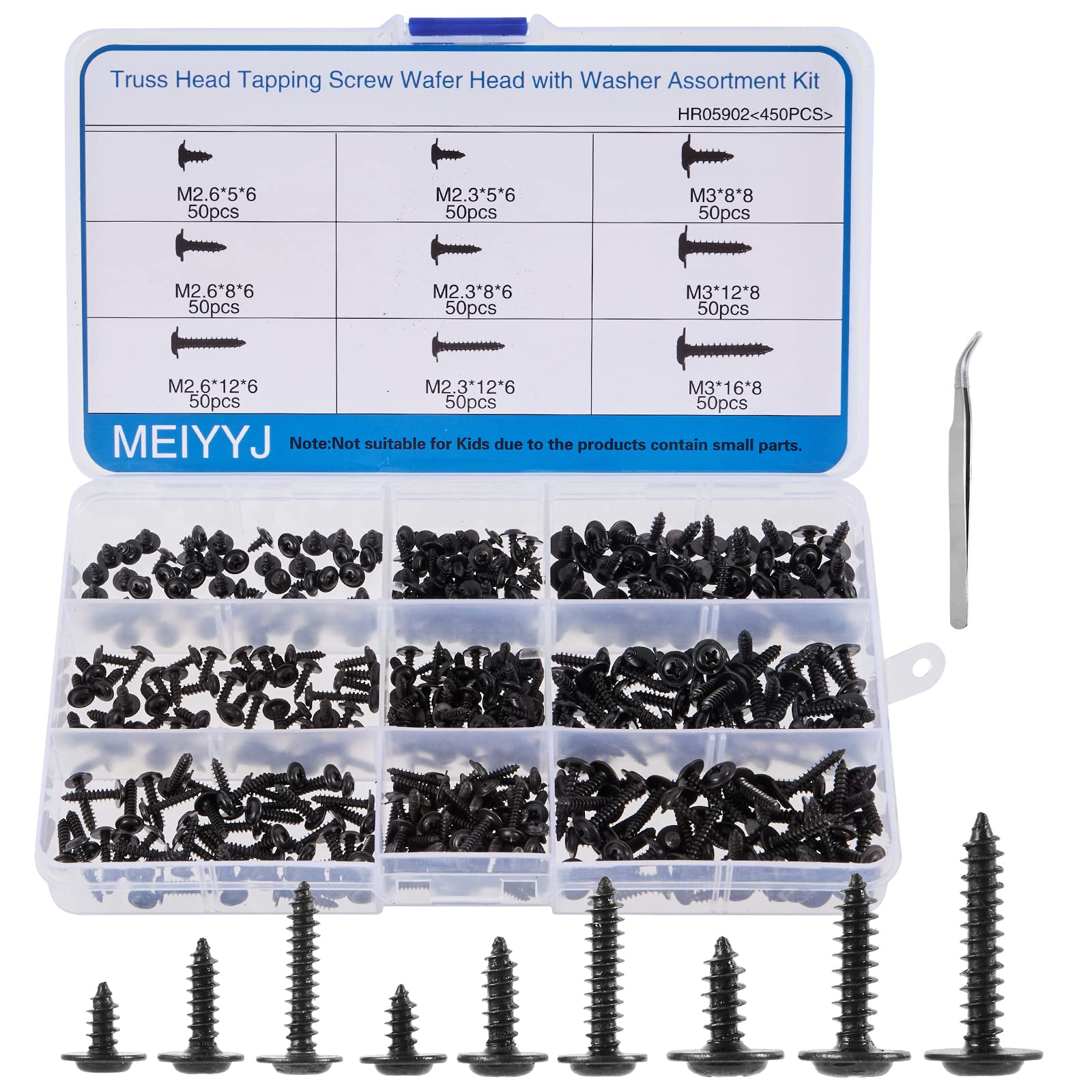 MEIYYJ 450pcs Phillips Truss Head Self Tapping Screws,M2.3 M2.6 M3 Pan Head with Washer Screw,Carbon Steel Self Drilling Screws.