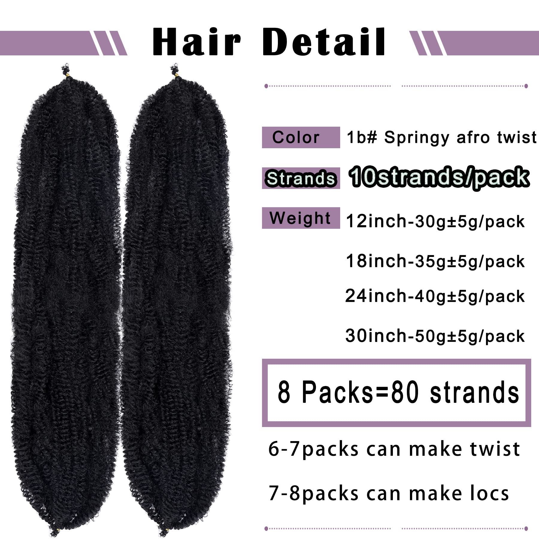 Springy Afro Twist Hair 8 Packs Marley Twist Braiding Hair Pre Separated Spring Twist Hair for Faux Locs Crochet Hair Kinky Twist for Braiding Synthetic Hair Extensions (1b#, 24inch(Pack of 8))