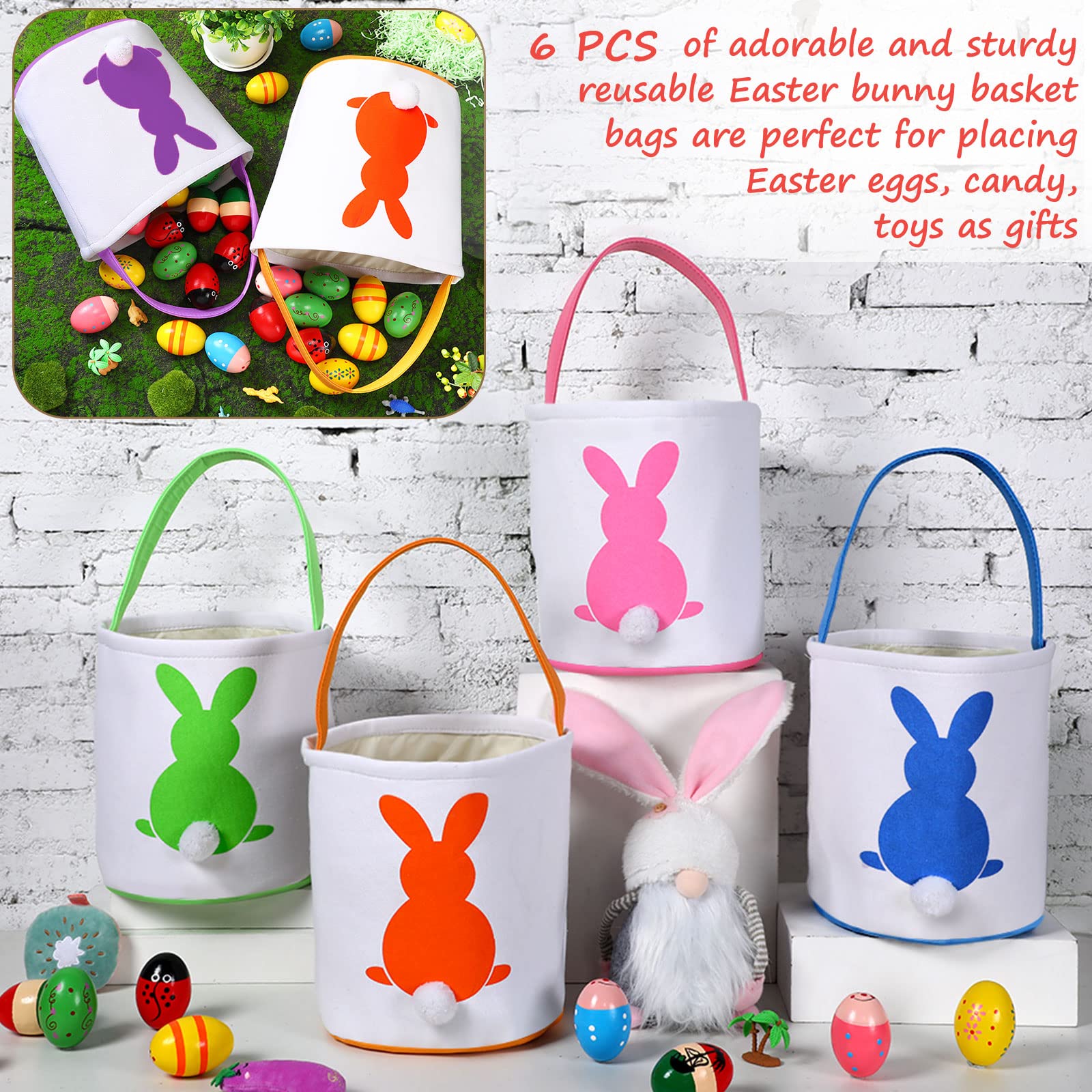 Honeydak 6 Pcs Canvas Easter Bunny Baskets for Kids Easter Basket Bulk Canvas Tote Bunny Basket Egg Hunt Bags Printed Fluffy Tails Carry Bucket Cloth Tote Easter Gift Bags Party Decorations Favors