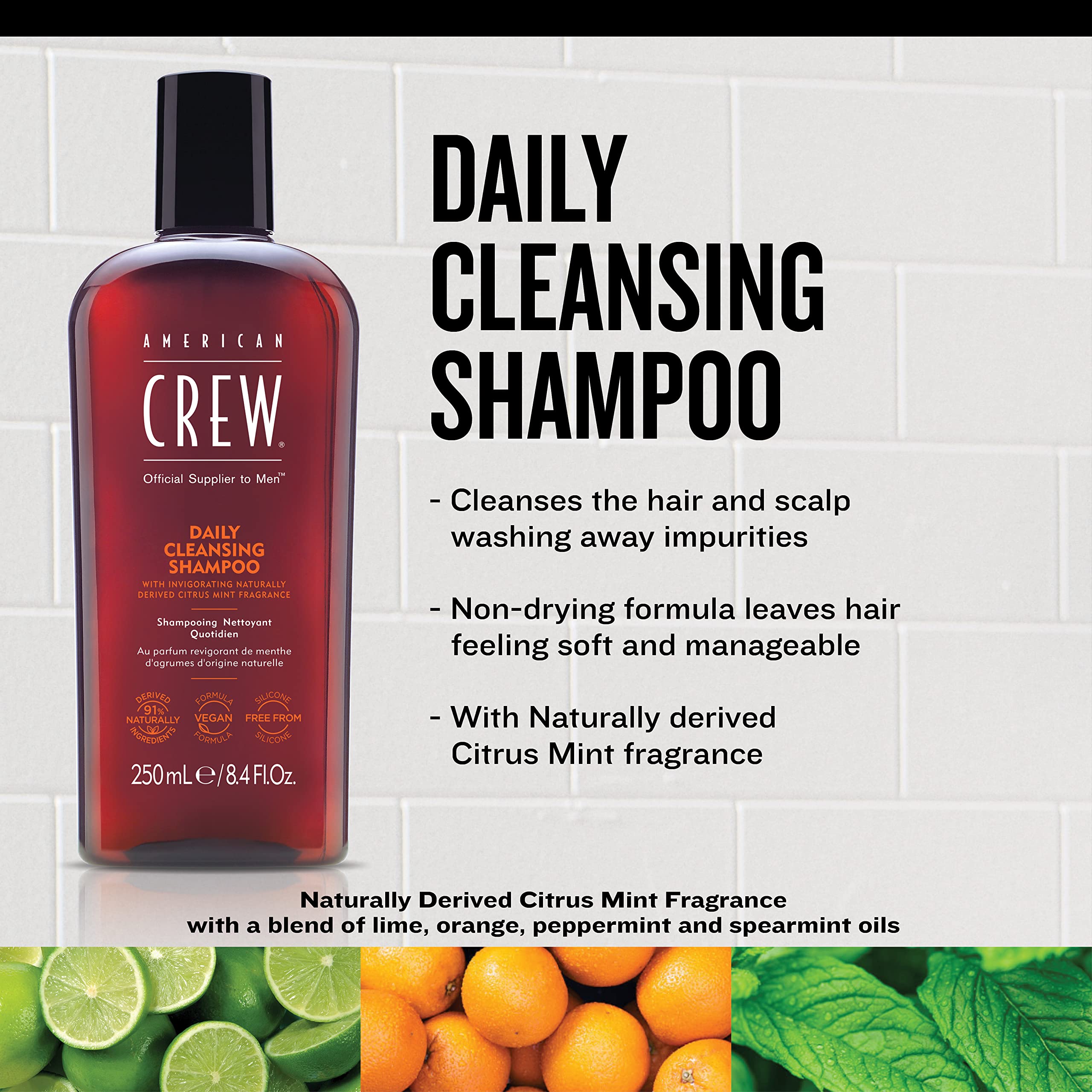 American Crew Shampoo for Men, Daily Cleanser, Naturally Derived, Vegan Formula, Citrus Mint Fragrance, 3.3 Fl Oz