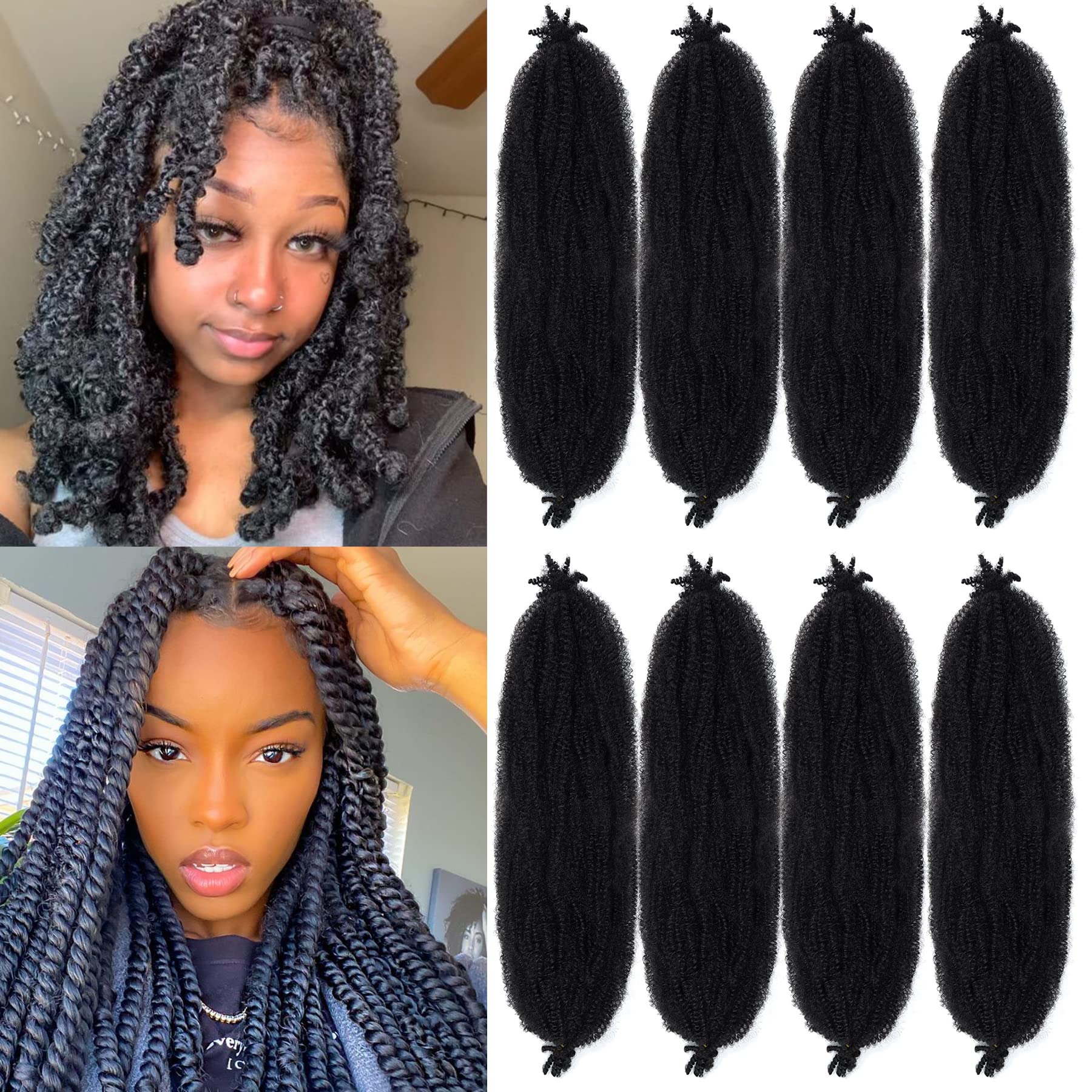 Springy Afro Twist Hair 8 Packs Marley Twist Braiding Hair Pre Separated Spring Twist Hair for Faux Locs Crochet Hair Kinky Twist for Braiding Synthetic Hair Extensions (1b#, 24inch(Pack of 8))