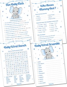 papery pop baby shower games for boy - set of 4 games for 30 guests - double sided cards - baby shower supplies - elephant