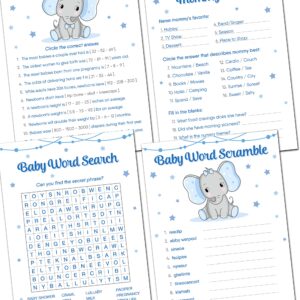 Papery Pop Baby Shower Games for Boy - Set of 4 Games for 30 Guests - Double Sided Cards - Baby Shower Supplies - Elephant