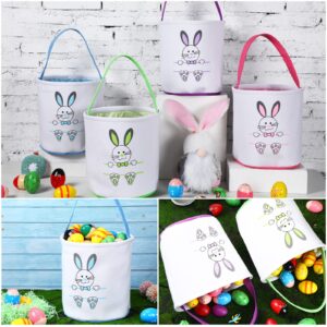 4 Pieces Easter Bunny Basket Egg Bags for Kids Cloth Tote Bags Canvas Cotton Empty Personalized Candy Egg Basket Bunny Print Buckets Carrying Presents and Eggs Hunt Bag Toys Bucket Boys Girls