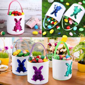 4 Pcs Easter Basket Bags Canvas Bunny Basket Egg Bag Bunny Tote Bag Easter Eggs Hunt Basket Bucket Rabbit Fluffy Tails Party Celebrate Toys Carry Candy Egg Bucket Rabbit Print Buckets for Gift Sets