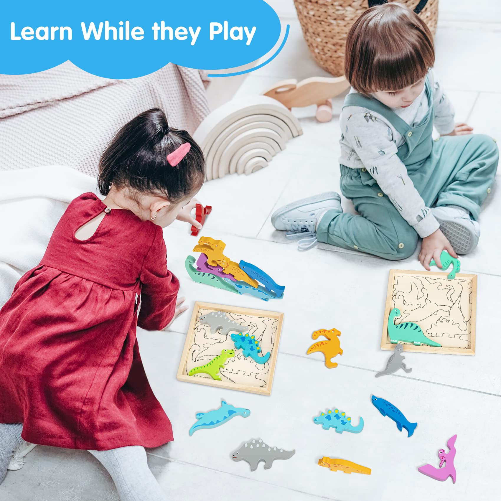 Wooden Dinosaur Puzzles for Toddlers 2-4, Stacking Dinosaur Blocks Toys for Kids 3-5, Toddler Montessori Toys for 2 3 4 Year Old Boy Girl Birthday Gifts