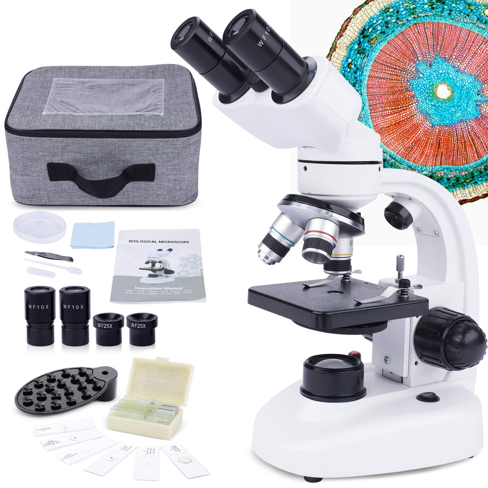 MAXLAPTER Compound Binocular Microscope, 40X-1000X Binocular Microscope with Microscope Slides, Phone Adapter, Storage Bag, Microscope for Adults Kids Students Homeschool Education/Hobbyist Use