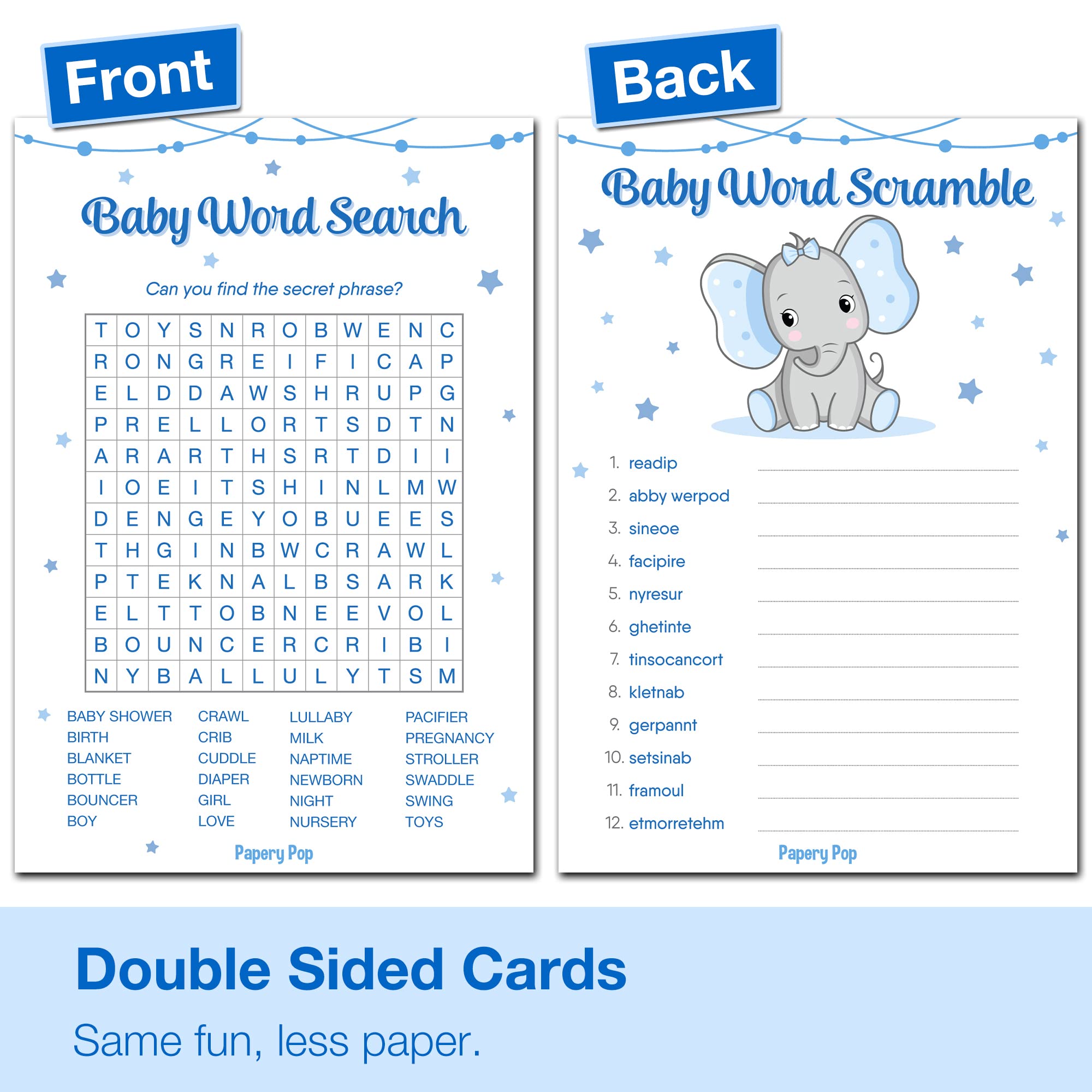 Papery Pop Baby Shower Games for Boy - Set of 4 Games for 30 Guests - Double Sided Cards - Baby Shower Supplies - Elephant