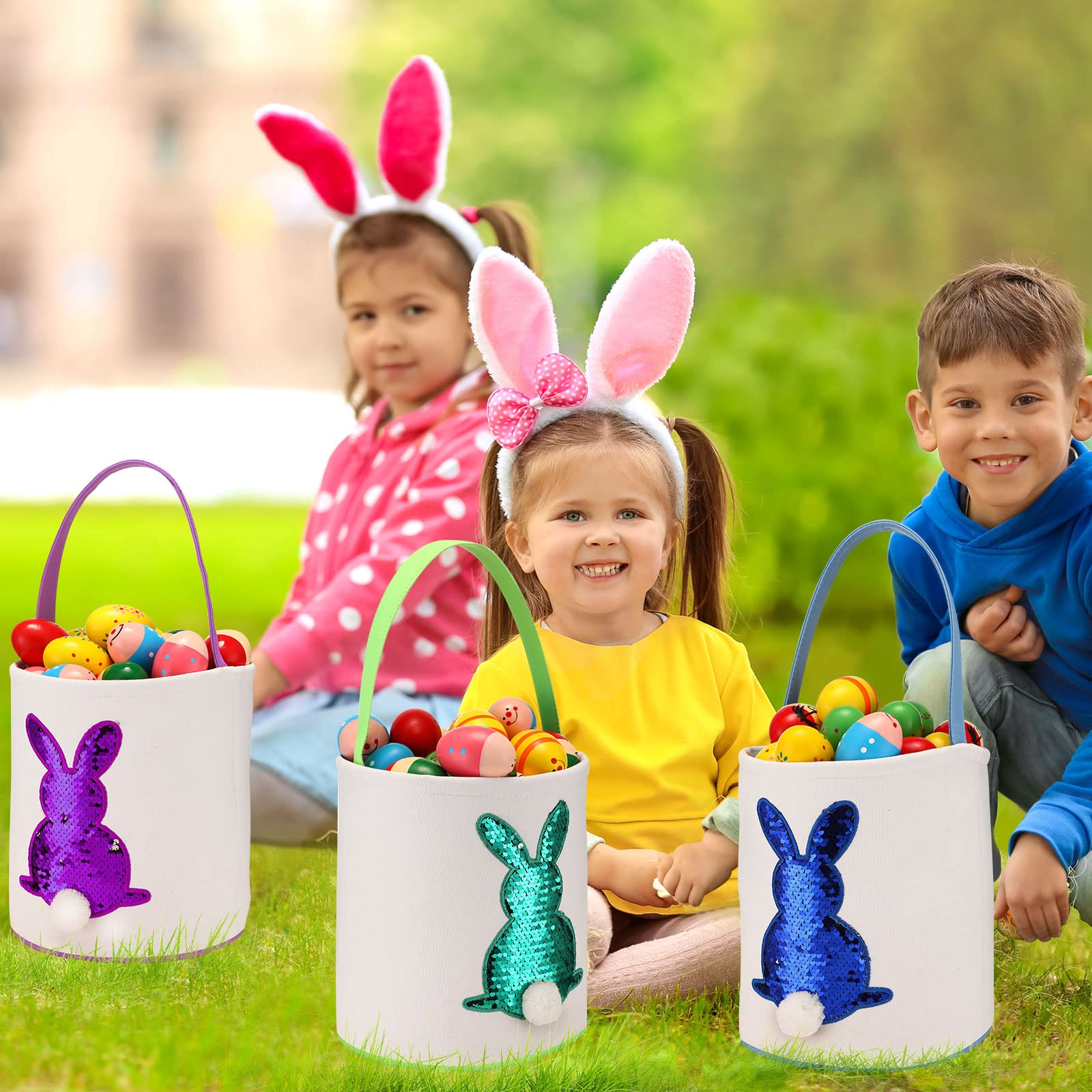 4 Pcs Easter Basket Bags Canvas Bunny Basket Egg Bag Bunny Tote Bag Easter Eggs Hunt Basket Bucket Rabbit Fluffy Tails Party Celebrate Toys Carry Candy Egg Bucket Rabbit Print Buckets for Gift Sets