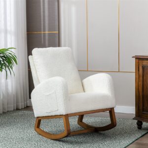 Luccalily Rocking Accent Chair, Upholstered Rocking Glider Chair with Fabric Padded Seat and Solid Wood Base, Armchair with Side Pocket for Nursery,Modern Design for Living Room, Bedroom