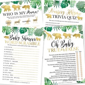 25 safari word scramble for baby shower, 25 true or false game, 25 baby animal matching, 25 nursery rhyme game - 4 double sided cards baby shower ideas, baby shower party supplies