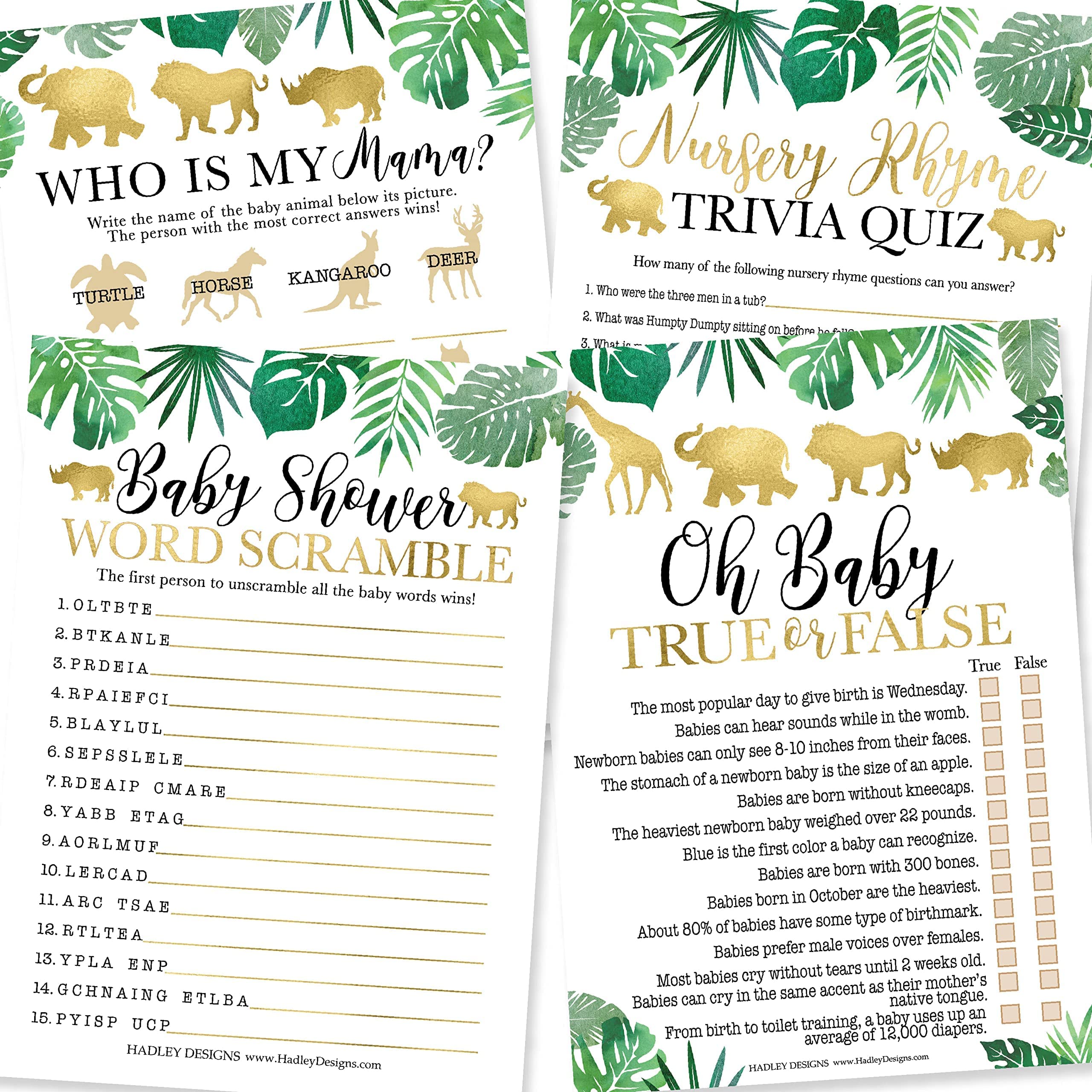 25 Safari Word Scramble For Baby Shower, 25 True Or False Game, 25 Baby Animal Matching, 25 Nursery Rhyme Game - 4 Double Sided Cards Baby Shower Ideas, Baby Shower Party Supplies