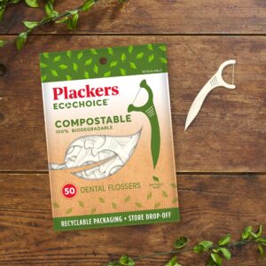 Plackers EcoChoice Compostable Dental Flossers, Sustainably Sourced, BPA Free, Recyclable Packaging, Natural Mint Flavor, 50 Count